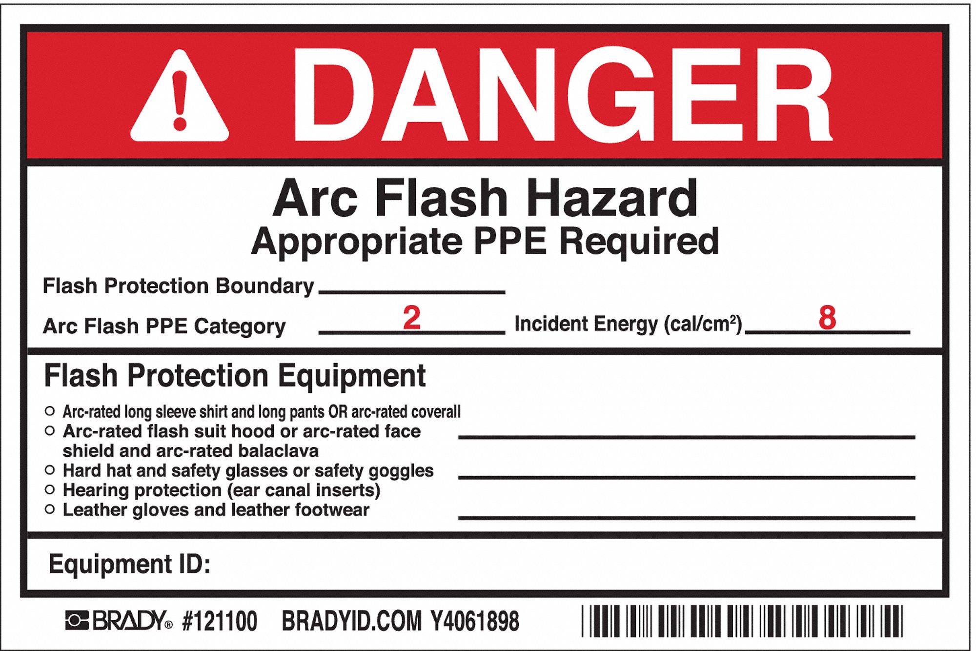 BRADY Arc Flash Protection Label, Instruction, English, Vinyl, 6" Width ...