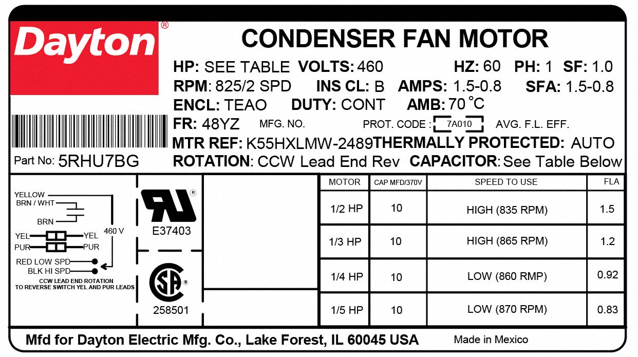 DAYTON Condenser Fan Motor: Stud Mount, Totally Enclosed Air-Over, 1/2 ...