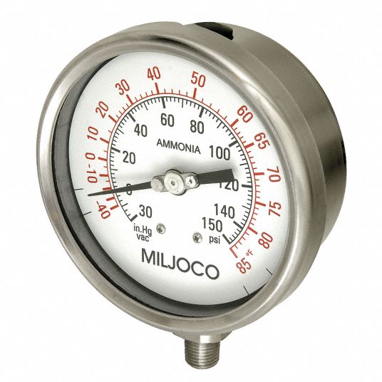 MILJOCO Compound Gauge, 30 in Hg Vac to 150 psi Range, 1/4 in NPT, ±1.00% Gauge Accuracy - 5RND3 ...