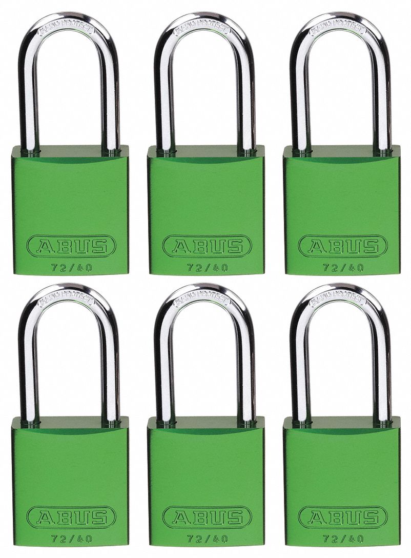 ABUS LOCKOUT PADLOCK, KEYED ALIKE, ALUMINUM, STANDARD BODY, HARDENED STEEL, GREEN, OSHA, 6 PK ...