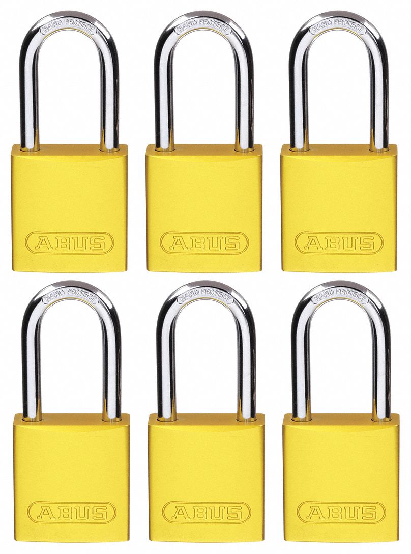 ABUS LOCKOUT PADLOCK, KEYED ALIKE, ALUMINUM, STANDARD BODY, HARDENED STEEL, YELLOW, OSHA, 6 PK ...