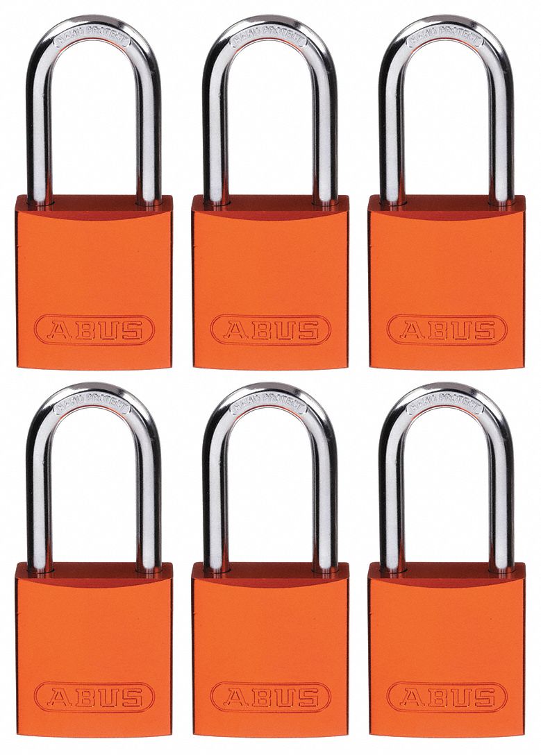 ABUS LOCKOUT PADLOCK, KEYED ALIKE, ALUMINUM, STANDARD BODY, HARDENED STEEL, ORANGE, OSHA, 6 PK ...