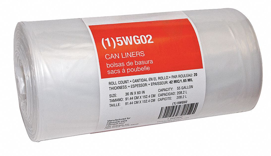 GRAINGER 5WG02 Trash Bags,55 gal.,Clear,PK20 5WG02 190735709672| eBay