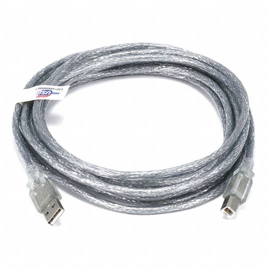 15 ft USB 2.0 Cable, USB A Male to B Male, Clear/Silver - Grainger