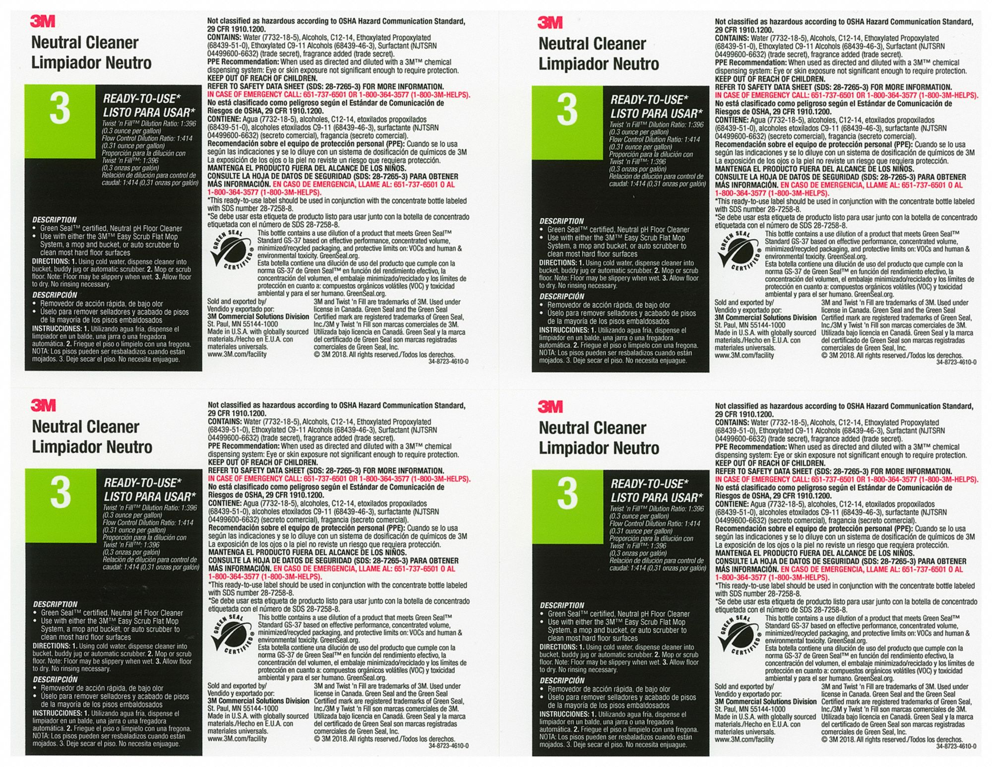 TOLCO Secondary Bottle Label: 11 in Ht, 8 1/2 in Wd, 3M Neutral Cleaner ...