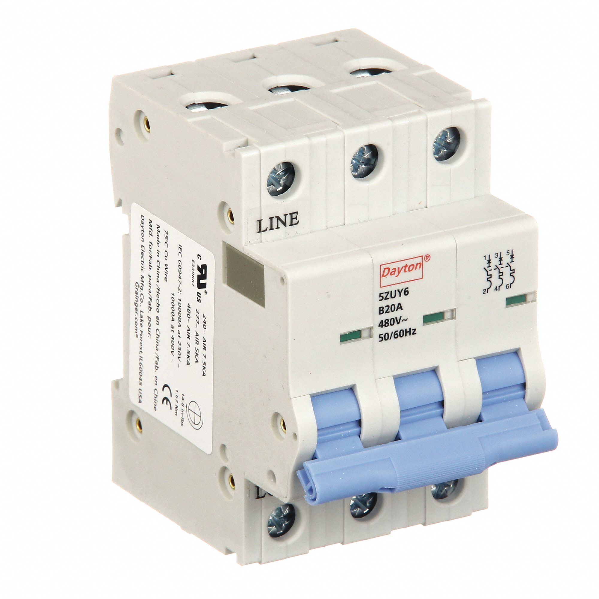 DAYTON, 20 A Amps, 7.5kA at 480V AC, IEC Supplementary Protector ...