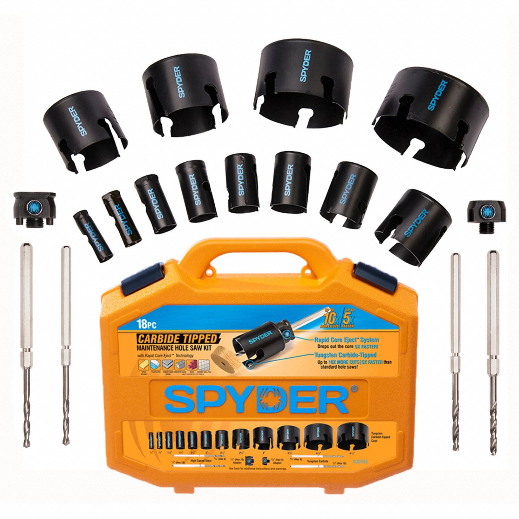 SPYDER, 18 Pieces, 2 3/8 in Max. Cutting Dp, Hole Saw Kit - 395VC8|600938 - Grainger