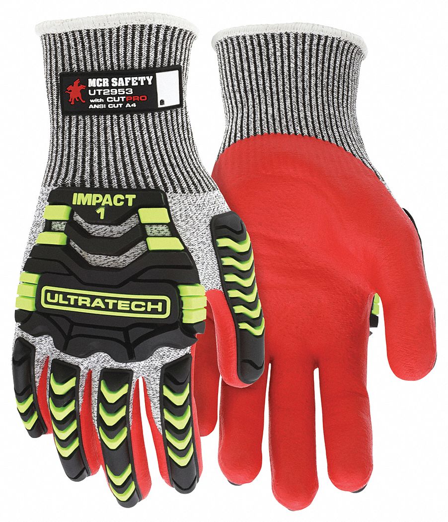 MCR SAFETY Coated Gloves: M ( 8 ), ANSI Cut Level A4, ANSI Impact Level ...