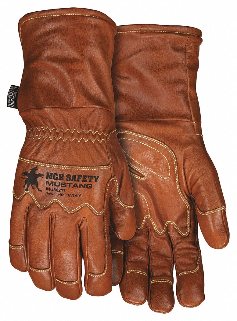MCR SAFETY Leather Gloves: M ( 8 ), Double Palm, Goatskin, Drivers Glove, Gauntlet Cuff, Brown ...