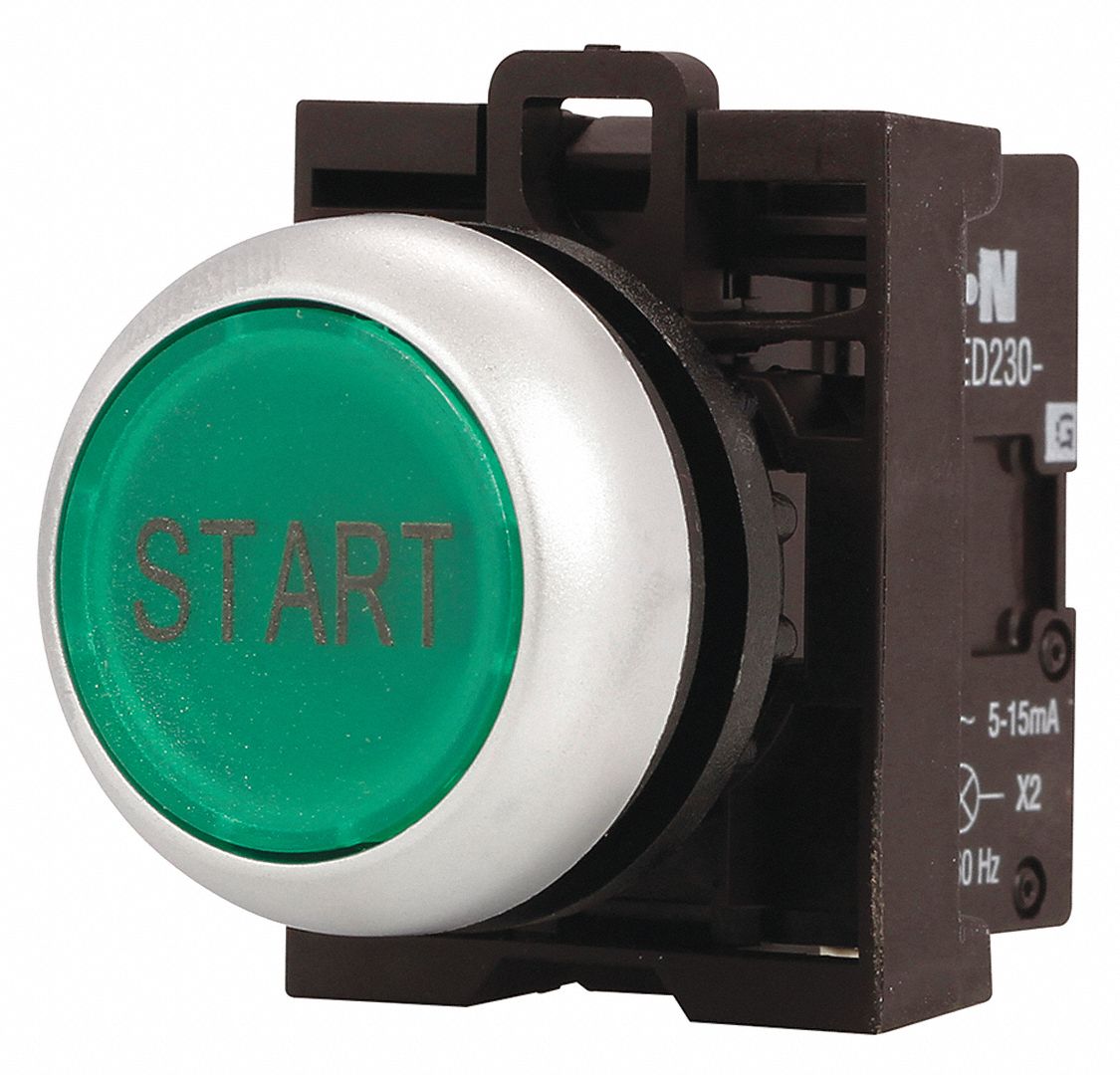 EATON, Green, 22 mm Mounting Size, Flush Push Button - 60JM65|M22-DL-G-GB1 - Grainger