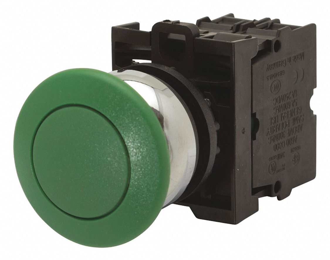 EATON, Green, 22 mm Mounting Size, Mushroom Head Push Button - 60JM89|M22-DRP-G - Grainger