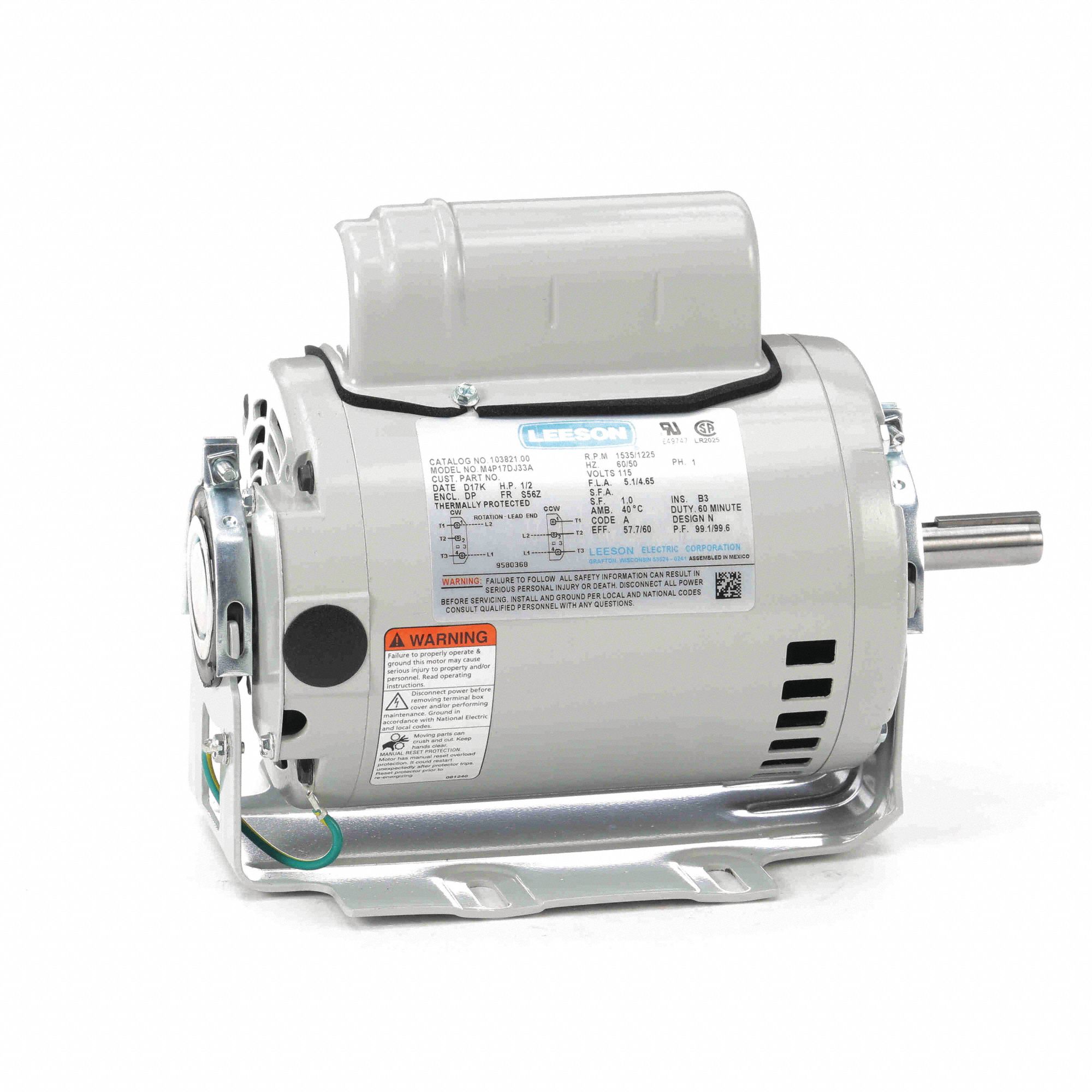 LEESON Instant Reverse Motor: Cradle Base, 1/2 HP, 1,625 Nameplate RPM ...