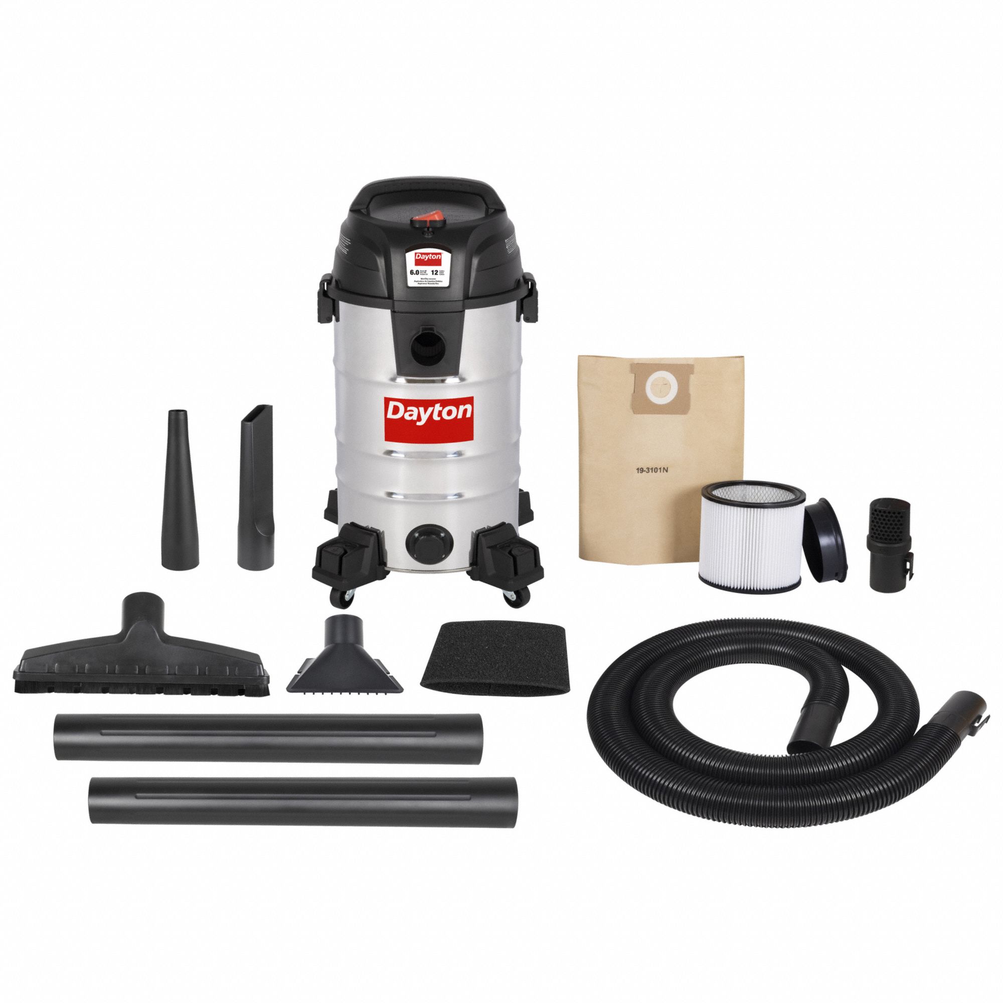 DAYTON Shop Vacuum: 12 gal Tank Size, Stainless Steel, 2 1/2 in Vacuum ...