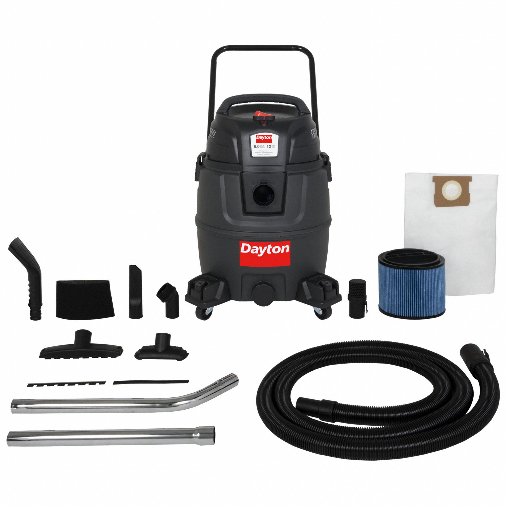 DAYTON Shop Vacuum: 12 gal Tank Size, Plastic, 1 7/8 in Vacuum Hose Dia ...