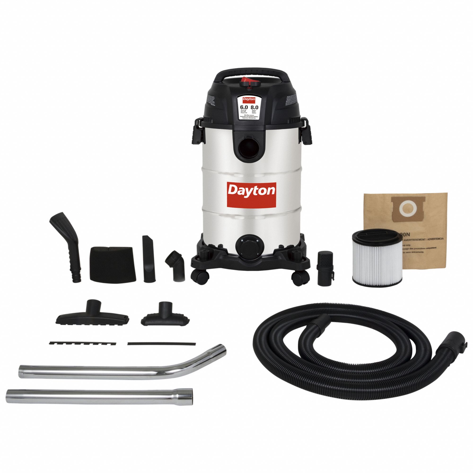 DAYTON Shop Vacuum: 8 gal Tank Size, Stainless Steel, 1 7/8 in Vacuum ...