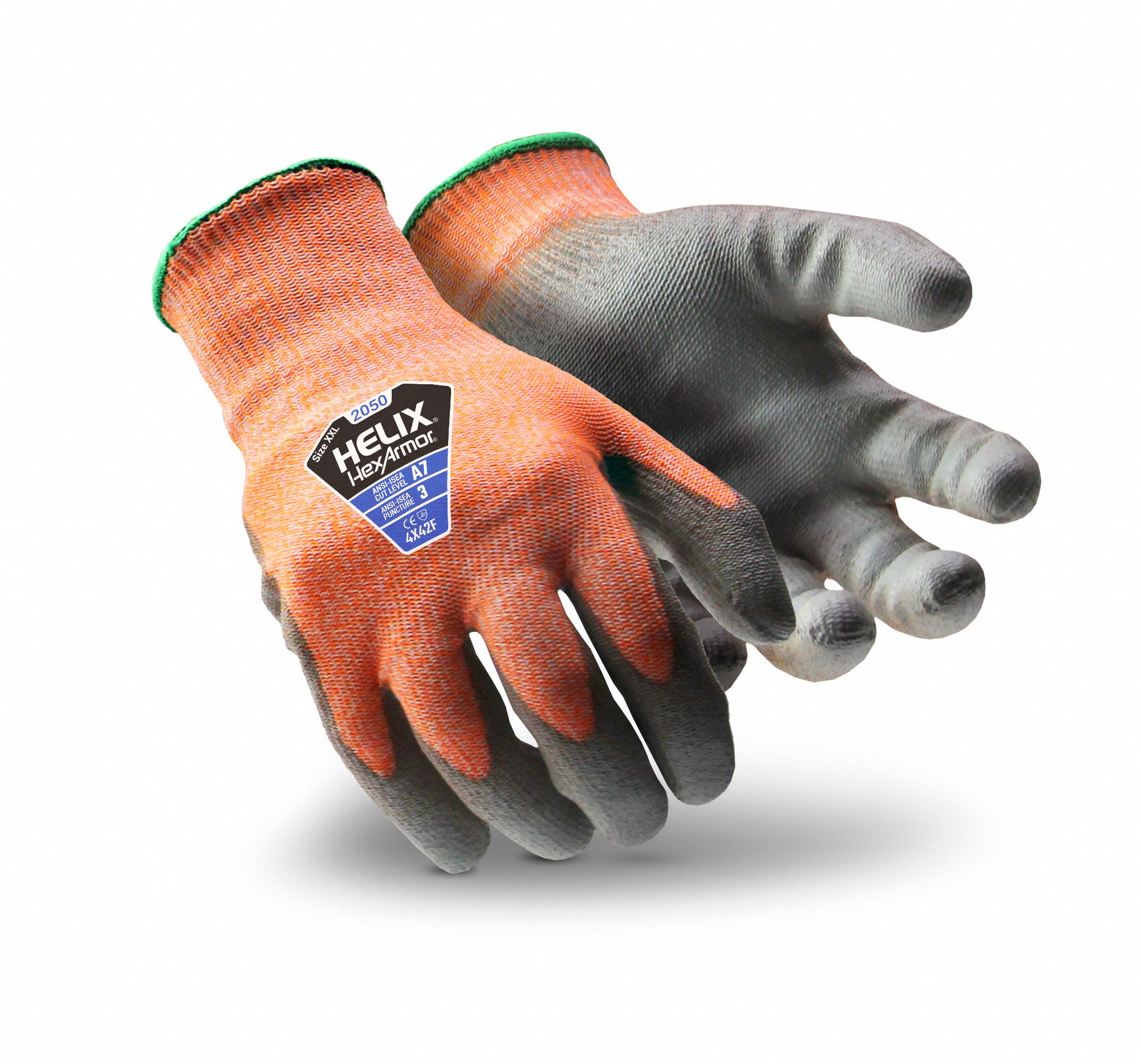 HEXARMOR Knit Gloves: XS ( 6 ), ANSI Cut Level A7, Palm, Dipped, Polyurethane, HPPE ( 13 ga ), 1 ...