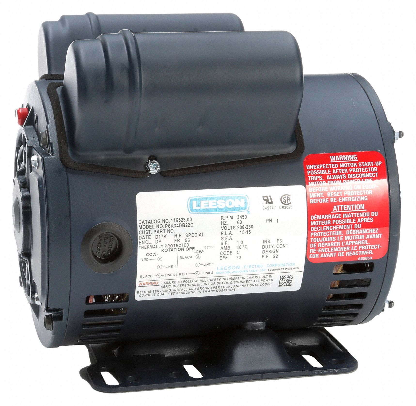 LEESON, Capacitor-Start, 3 hp Horsepower, Air Compressor Motor - 61KN15 ...