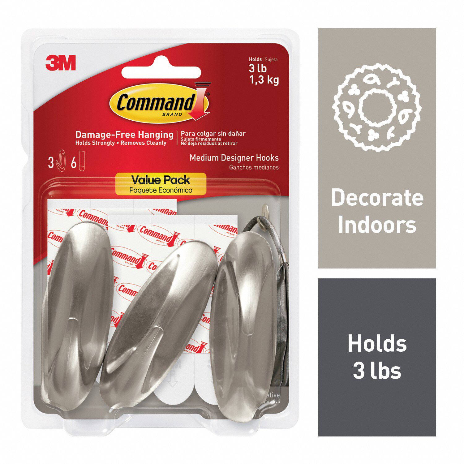 COMMAND, 3 Hooks, Plastic, Medium Designer Hook - 61UV08|17081BN-3ES ...