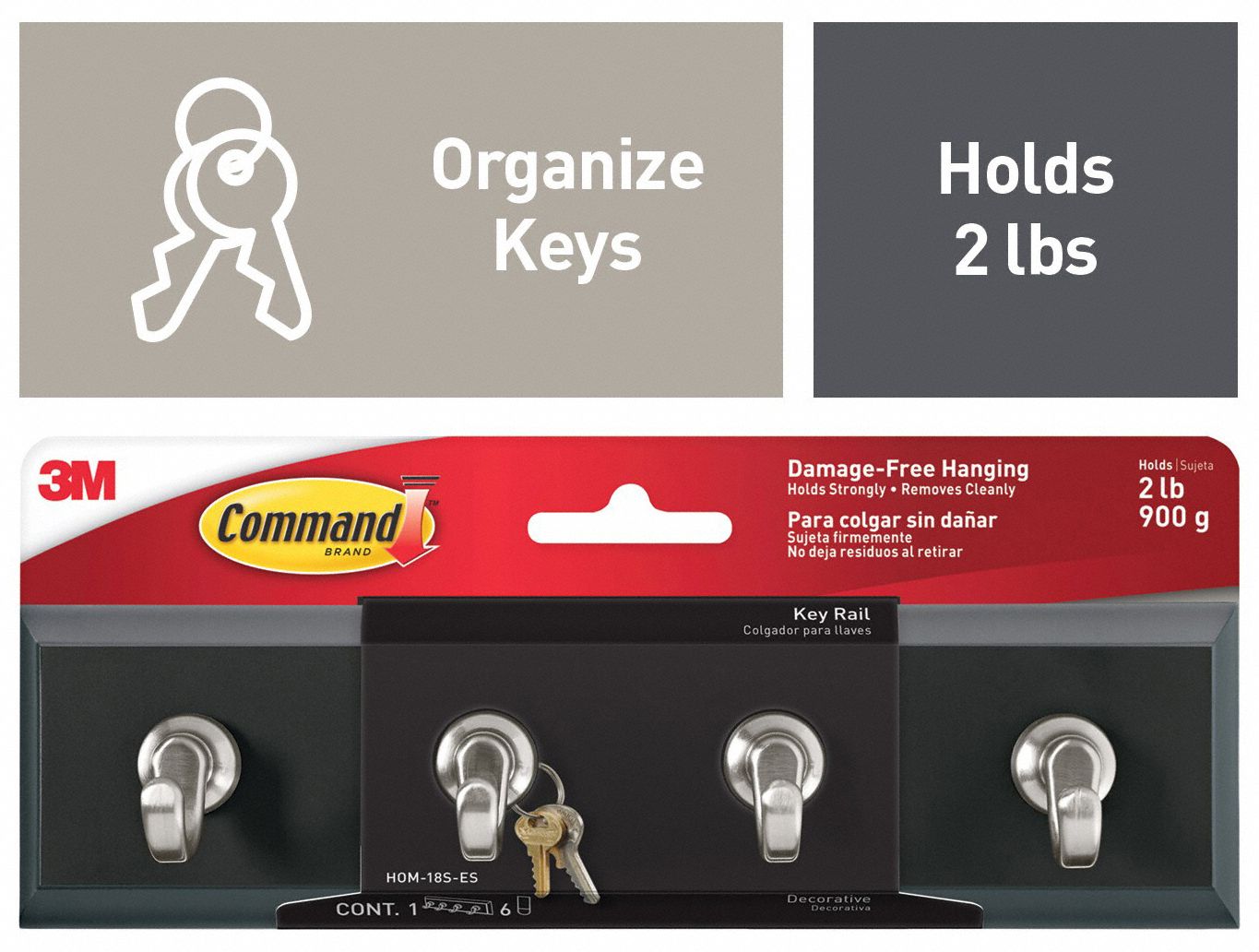 COMMAND, 2 lb Wt Capacity, 1 Points per Hook, Key Rack - 61UV11|HOM-18S ...