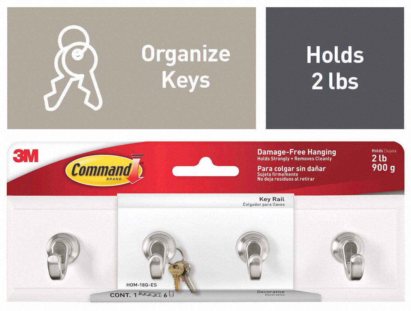 COMMAND, 2 lb Wt Capacity, 1 Points per Hook, Key Rack - 61UV13|HOM-18Q ...
