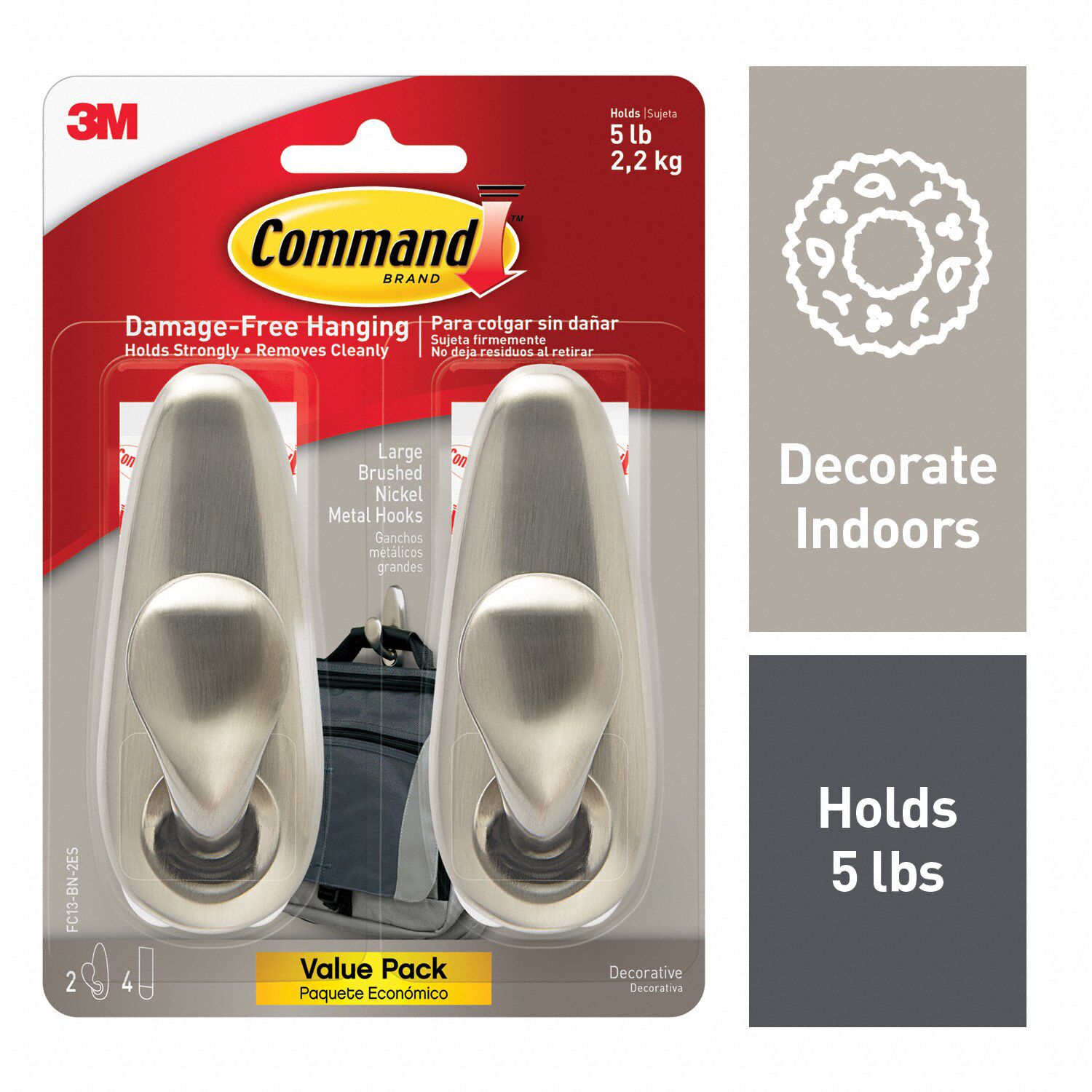 COMMAND, 5 lb Wt Capacity, 1 Points per Hook, Hook - 61UV15|FC13-BN-2ES ...