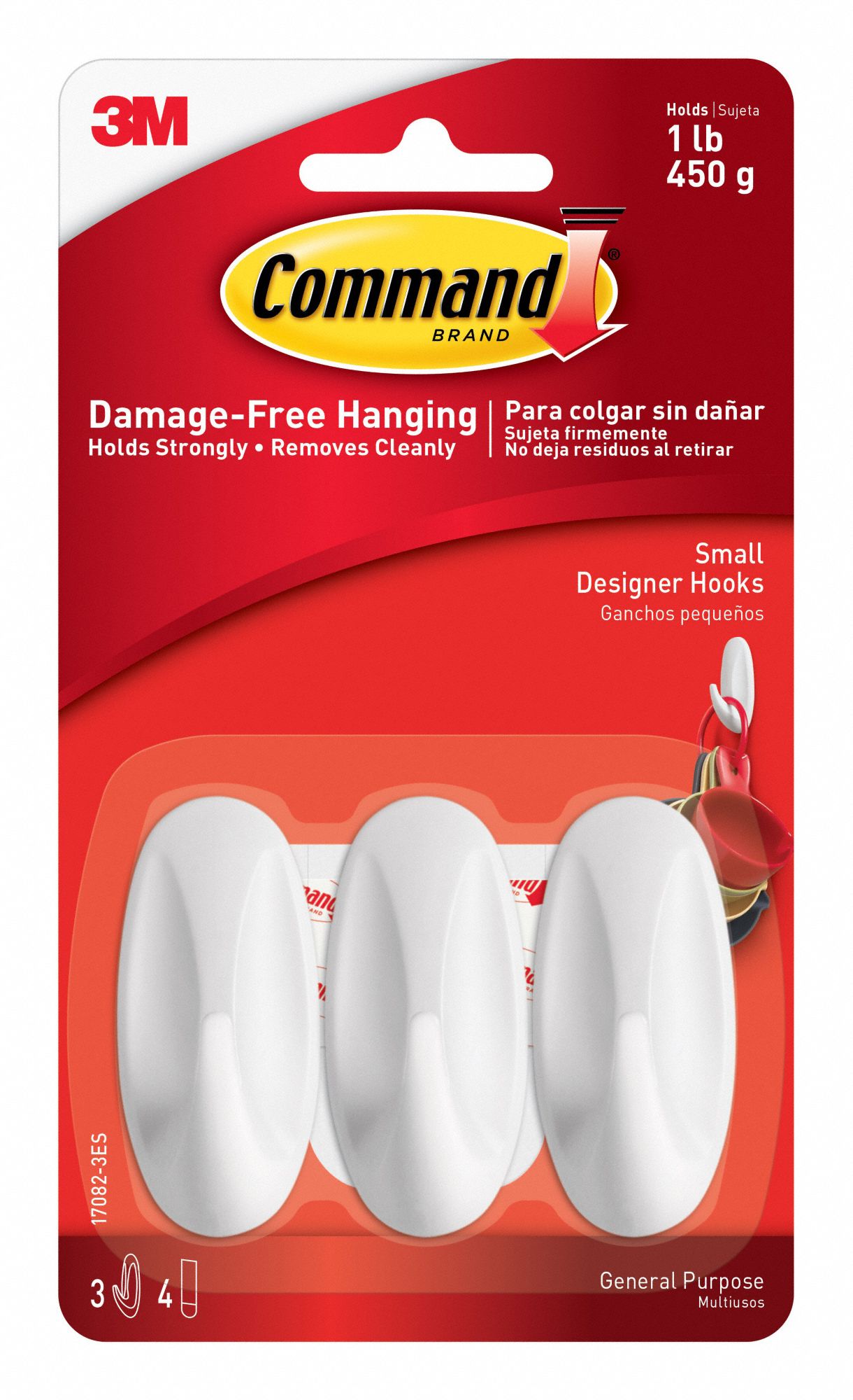 COMMAND, 1 lb Wt Capacity, 1 Points per Hook, Small Designer Hooks - 61UV43|17082-3ES - Grainger
