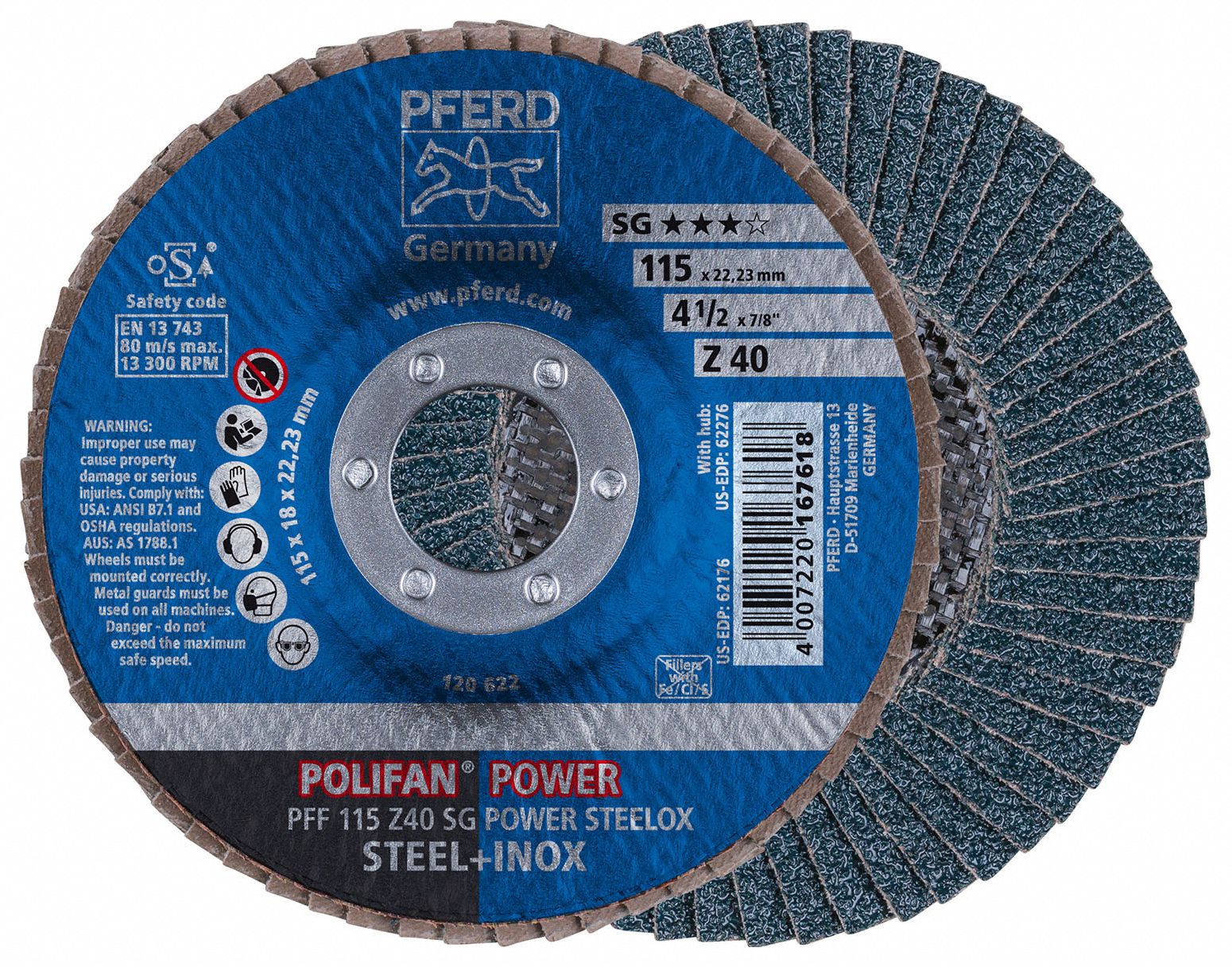 PFERD, Flap Disc,40 Grit,T27,4-1/2"x7/8" - 216L69|62176 - Grainger