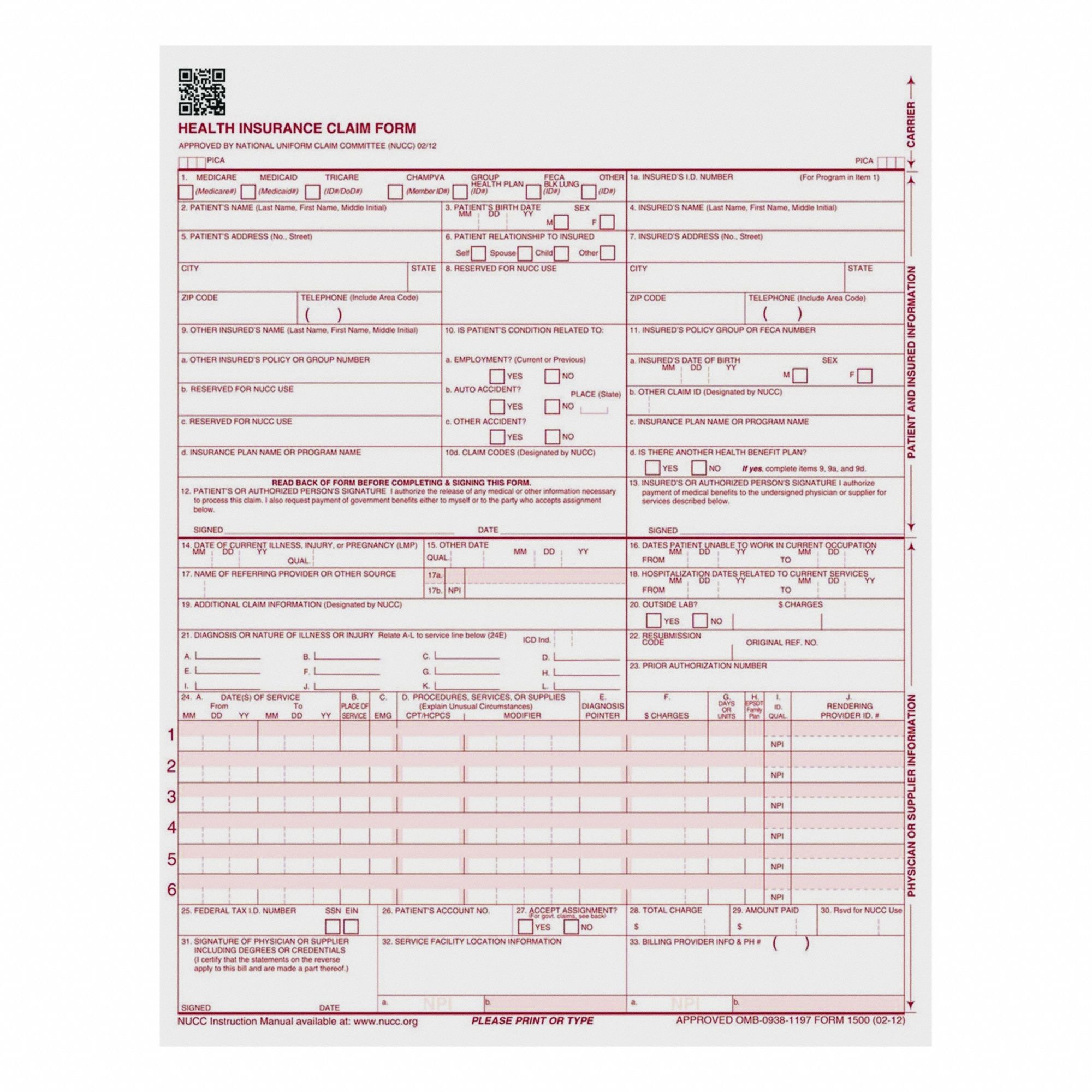 ADAMS, CMS-1500, 100, Health Insurance Claim Form - 870VR9|CMS1500L1V ...