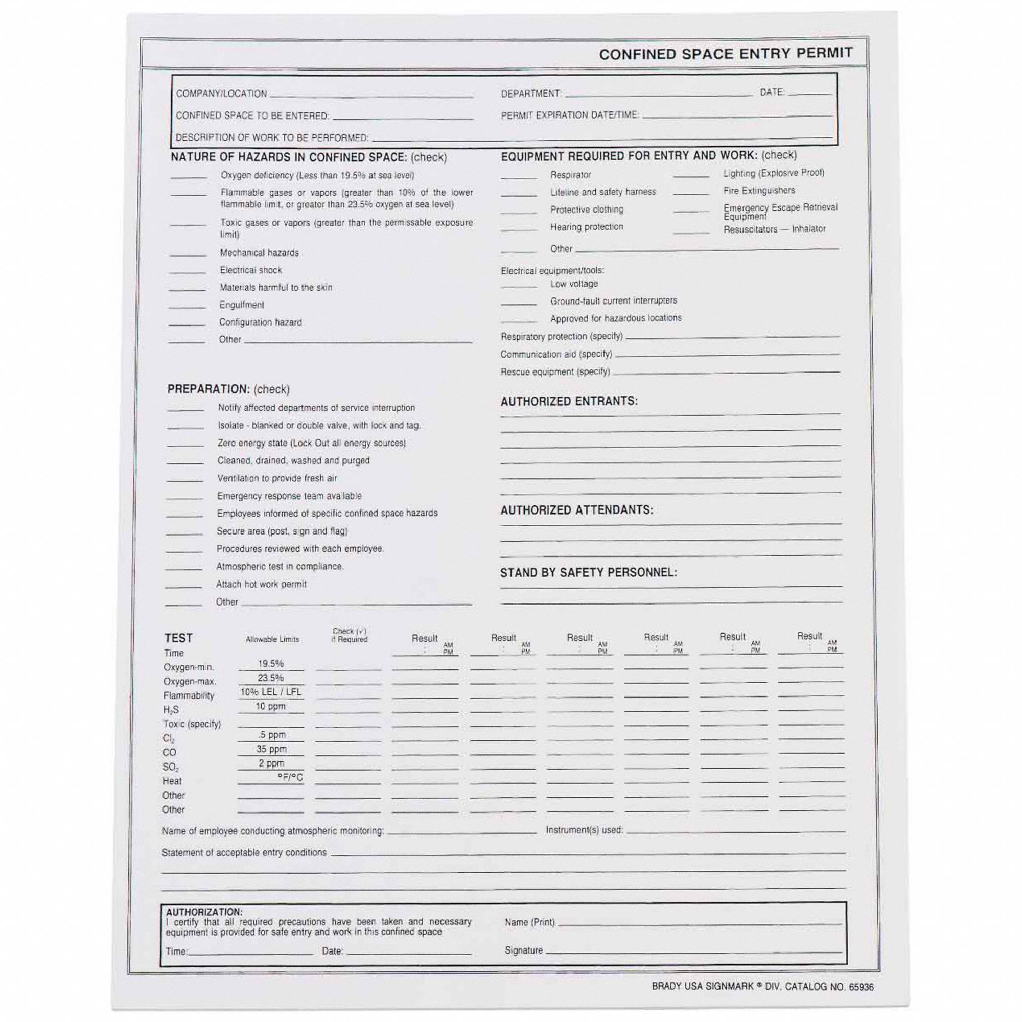 BRADY, 8 1/2 in x 11 in, Black/White, Confined Space Entry Permits ...