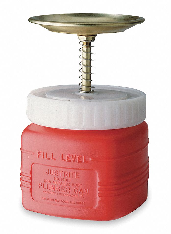 JUSTRITE PLUNGER CAN, ¼-GALLON CAPACITY, RED, POLYETHYLENE/BRASS, OSHA ...