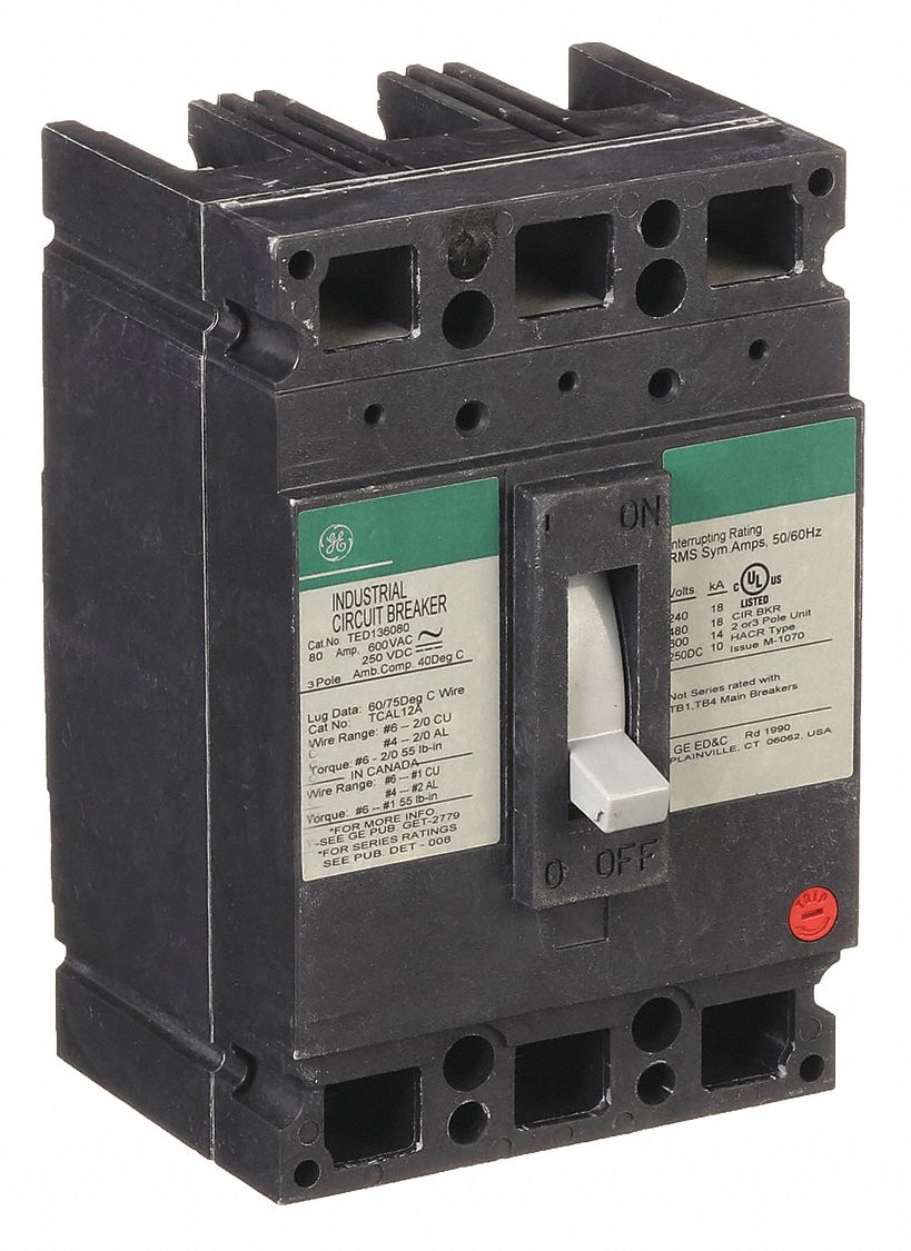 GE, 80 A Amps, 18kA at 120/240/277/480V AC, Molded Case Circuit Breaker - 6AXH9|TED136080WL ...