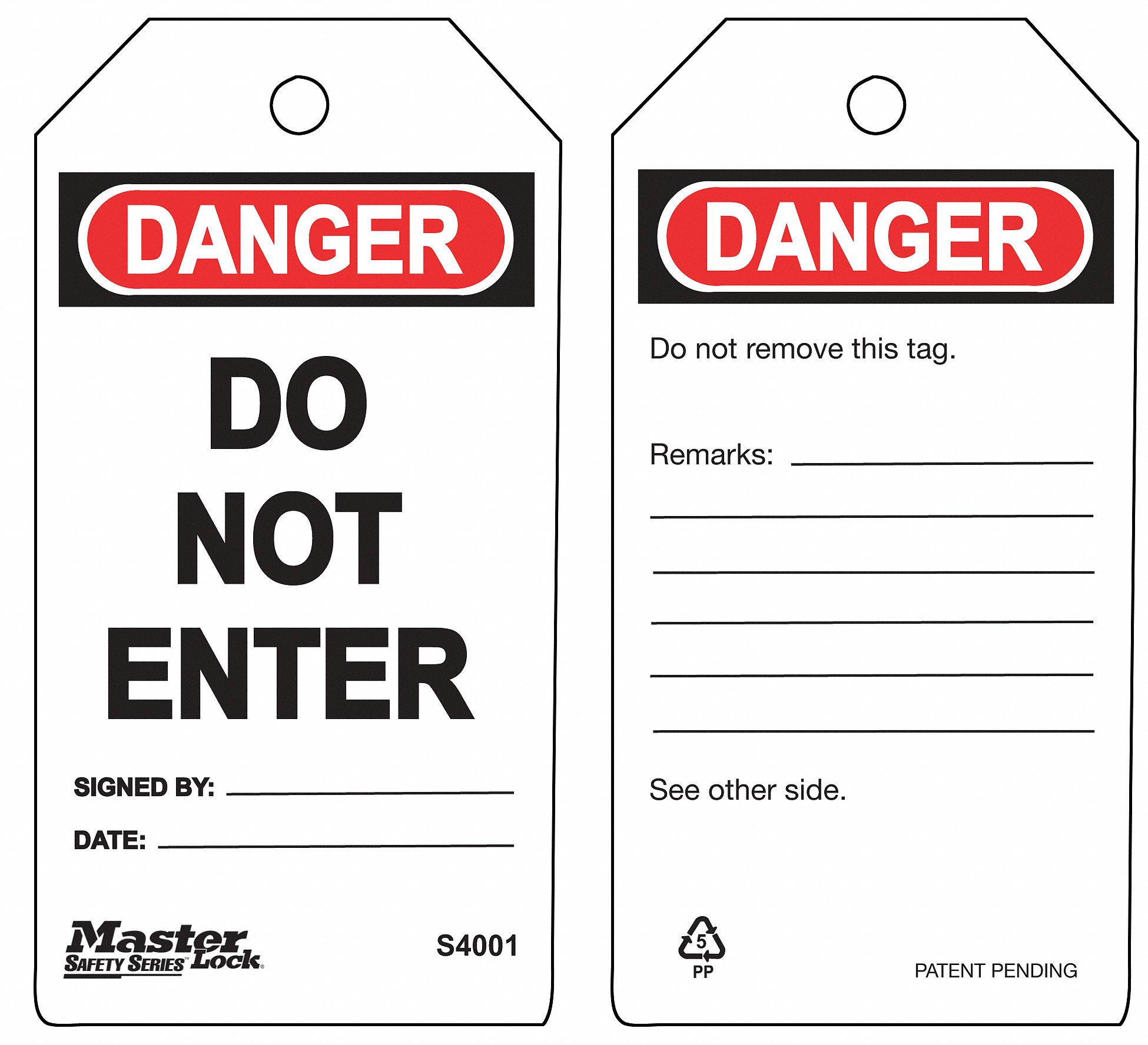MASTER LOCK Danger Tag, Polypropylene, Height: 5-3/4", Width: 3", White ...