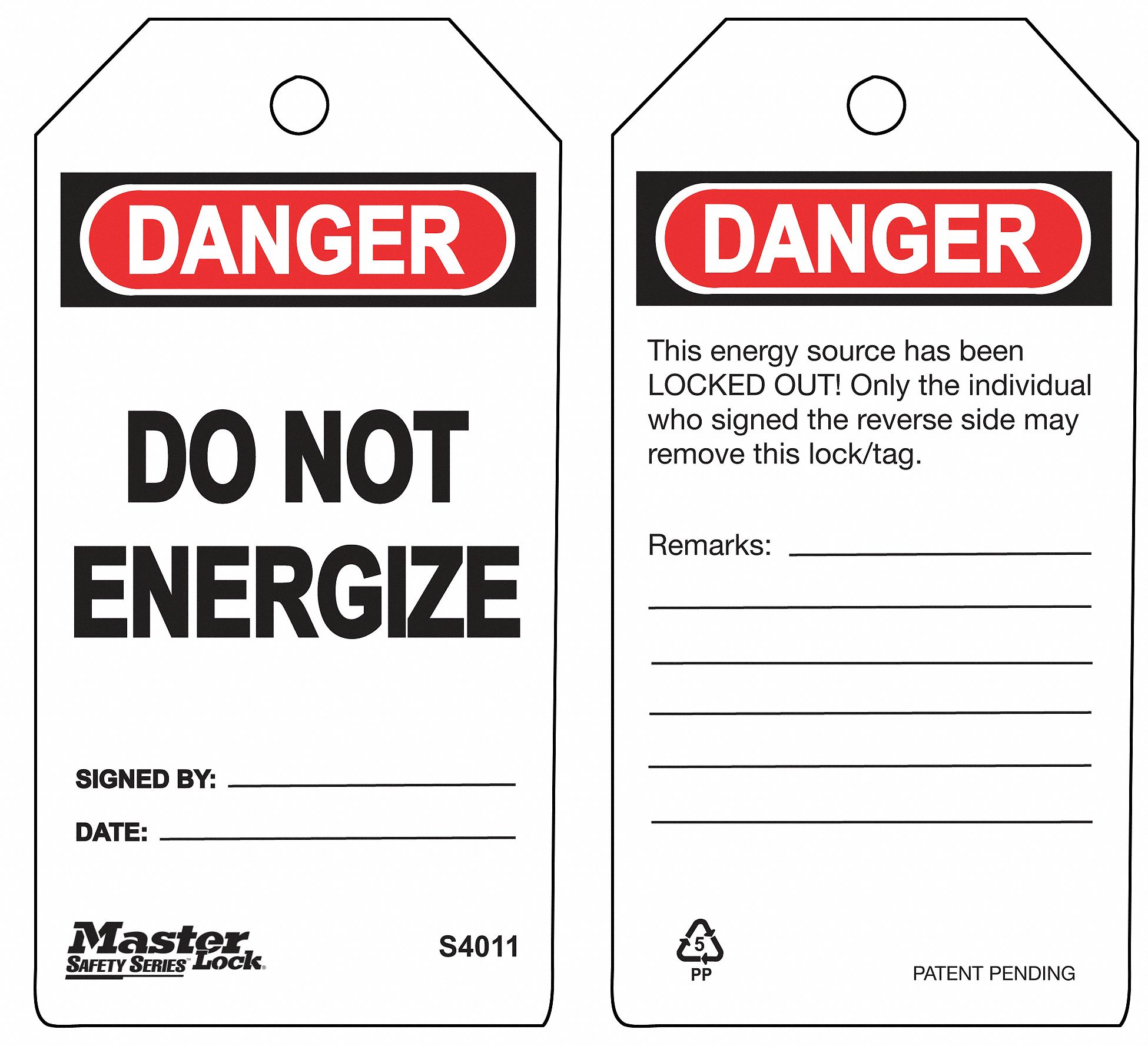 MASTER LOCK Danger Tag, Polypropylene, Do Not Energize, 5-3/4" x 3", 6 ...