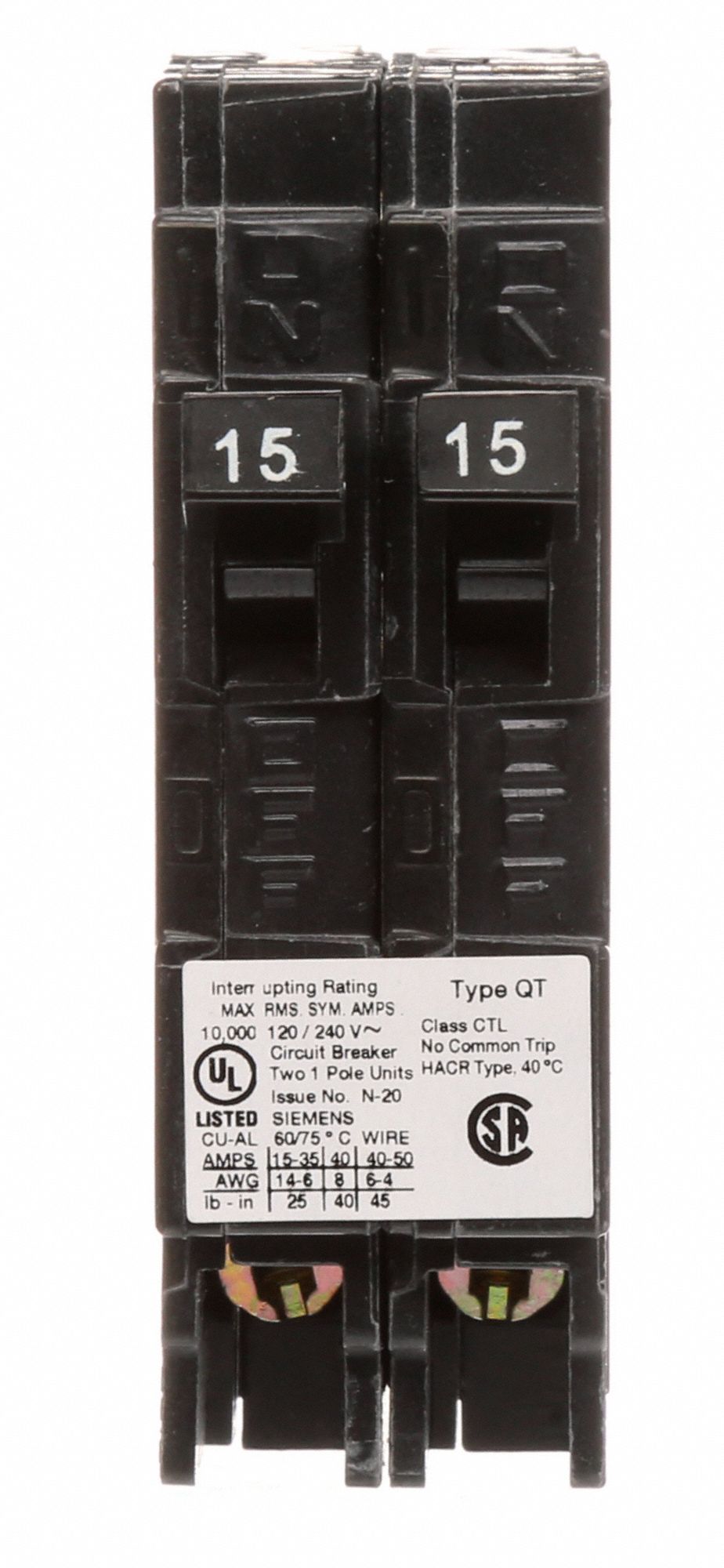 SIEMENS Miniature Circuit Breaker: 15/15 A Amps, 120V AC, Single Phase, 10kA at 120V AC, 1 Poles ...