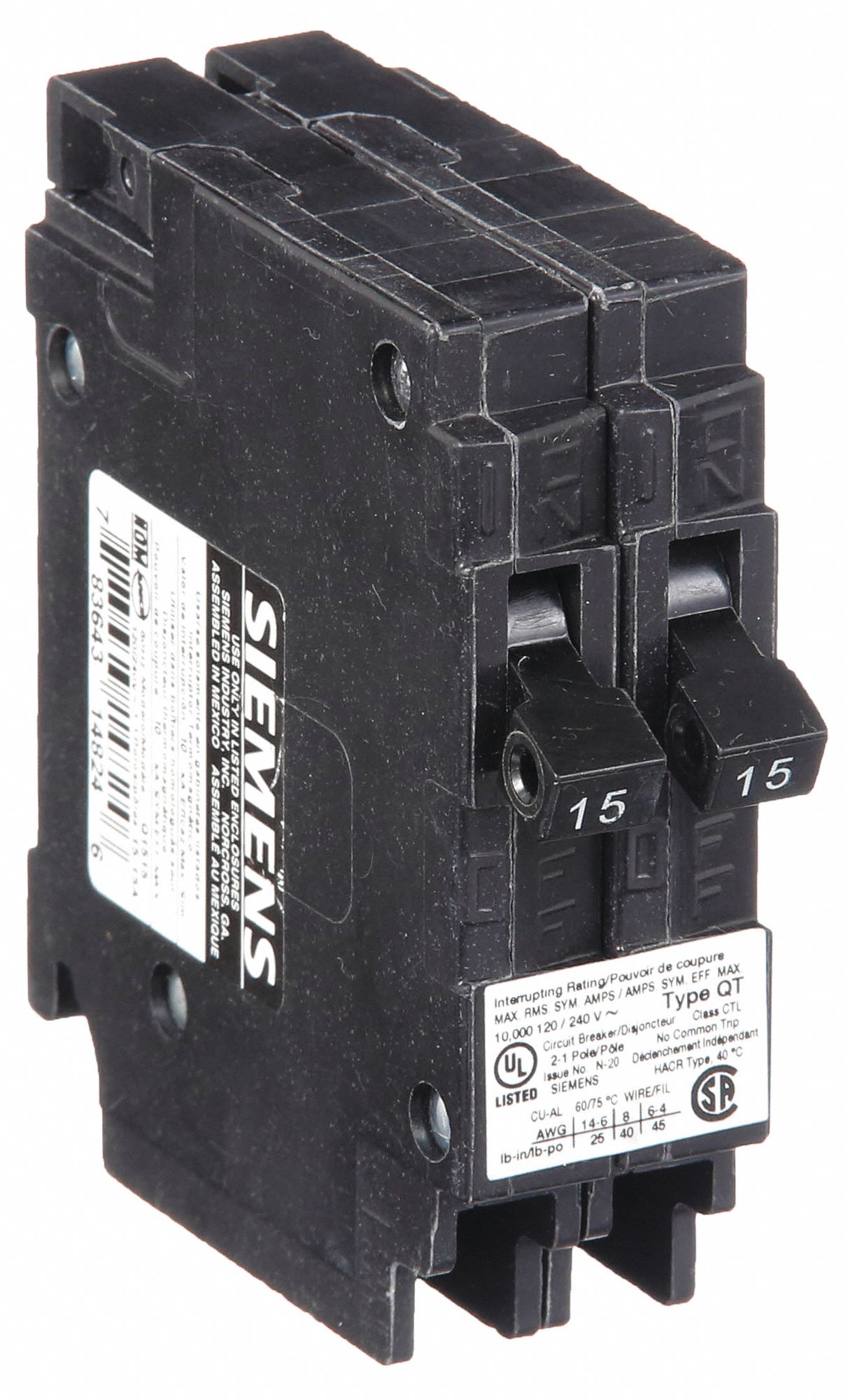15/15 A Amps, 120V AC, Miniature Circuit Breaker - 6DNR5|Q1515 - Grainger