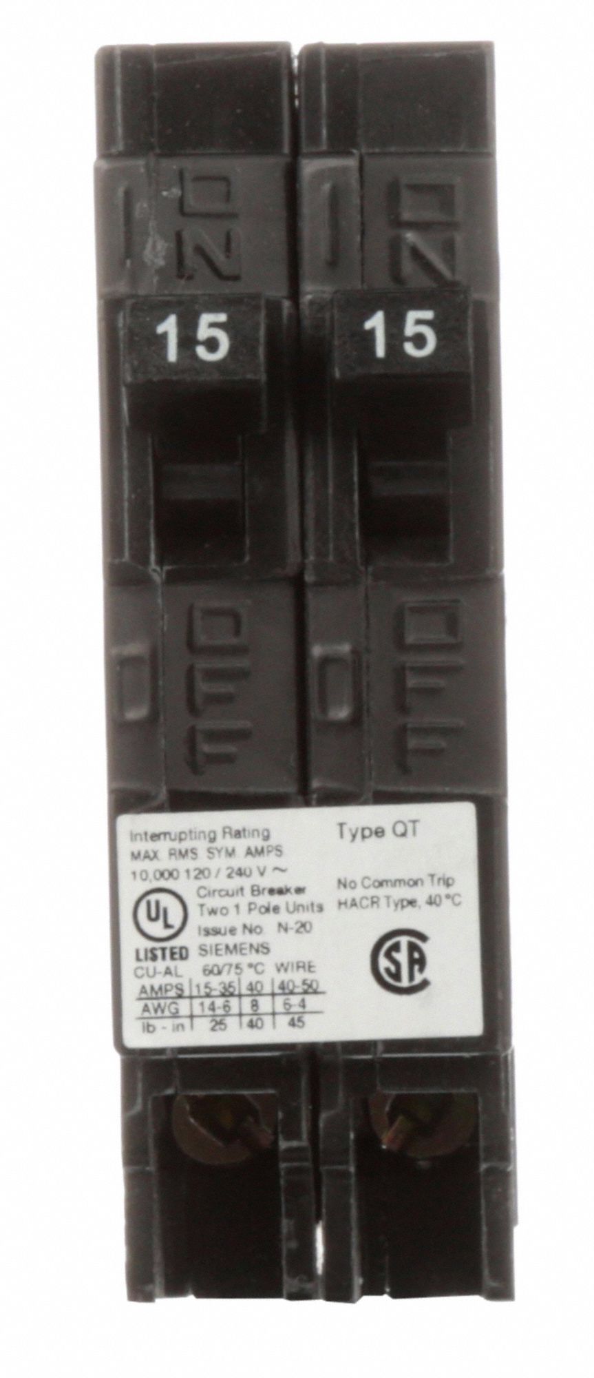 SIEMENS Miniature Circuit Breaker: 15/15 A Amps, 120V AC, Single Phase, 10kA at 120V AC - 6DNR6 ...