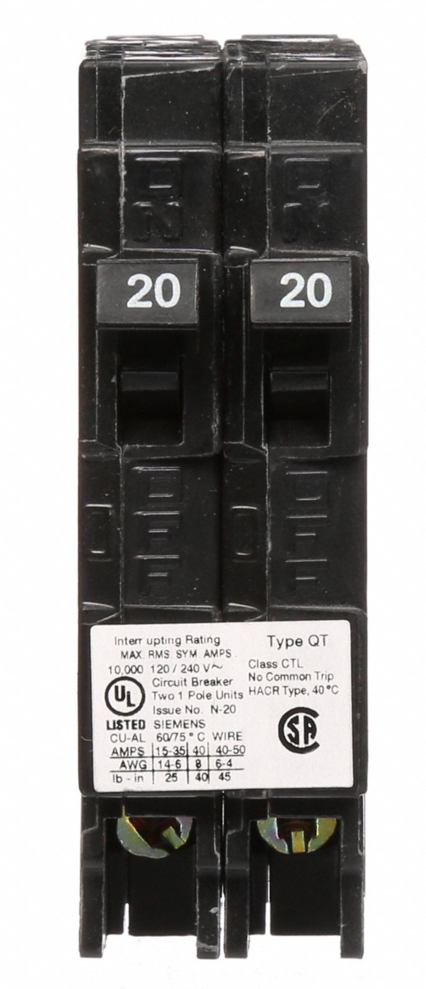 SIEMENS Miniature Circuit Breaker: 20/20 A Amps, 120V AC, Single Phase, 10kA at 120V AC, 1 Poles ...
