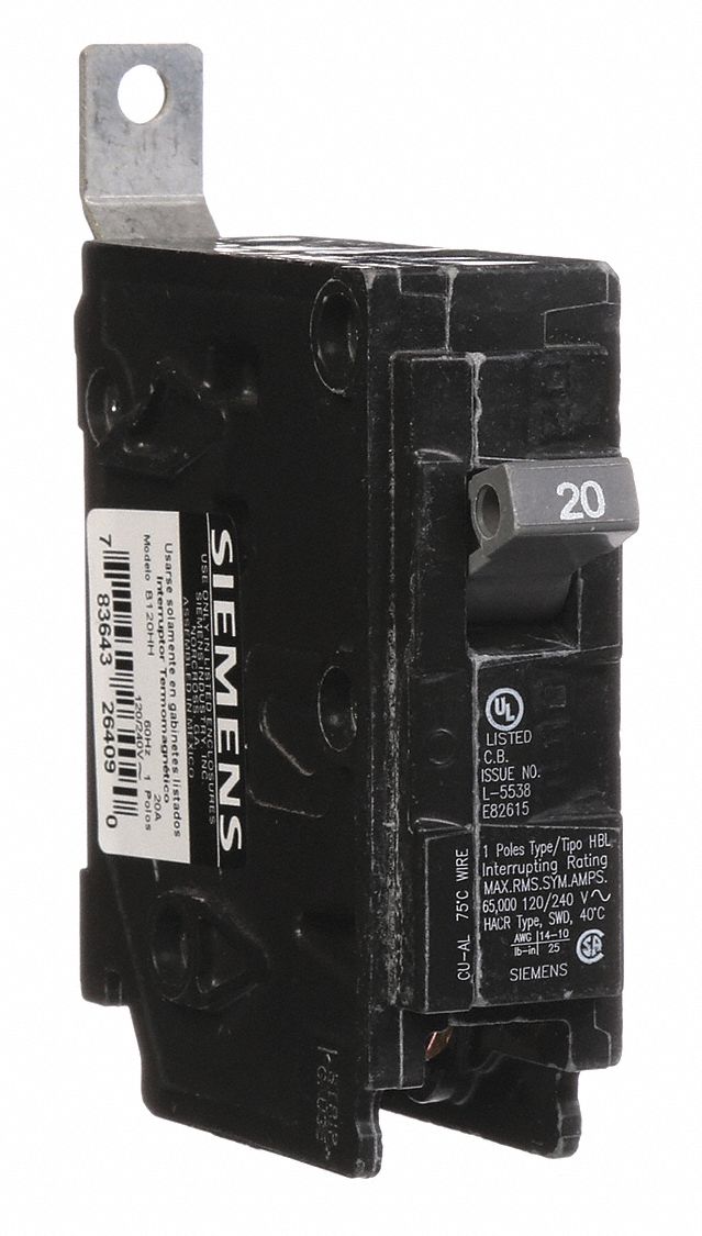 SIEMENS Miniature Circuit Breaker: 20 A Amps, 120/240V AC, Single Phase, 65kA at 120V AC - 6EUZ7 ...