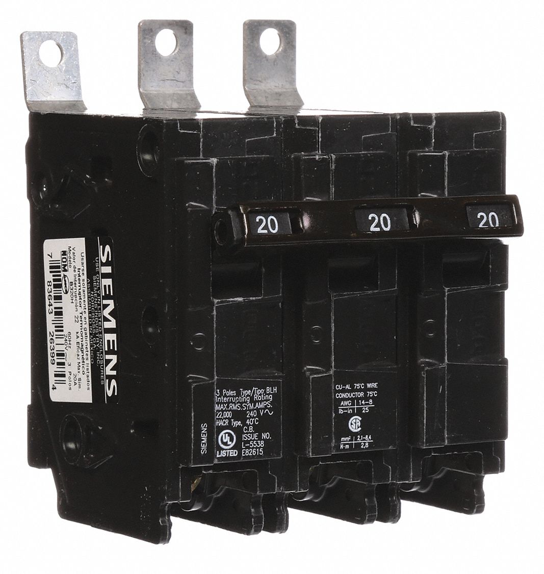 SIEMENS Miniature Circuit Breaker: 20 A Amps, 240V AC, Three Phase ...