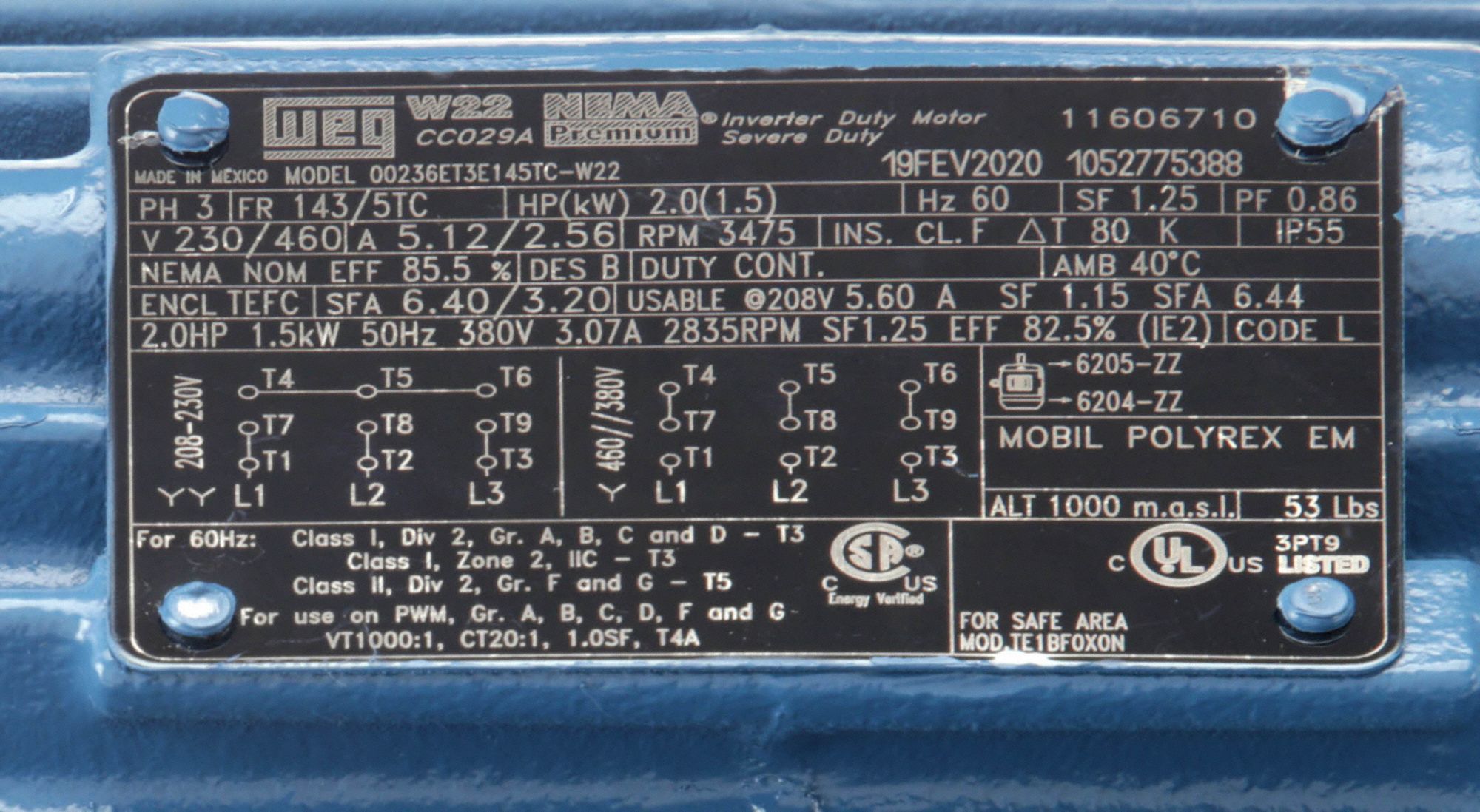 WEG General Purpose Motor, 2 HP, 3-Phase, Nameplate RPM 3,475, Voltage ...