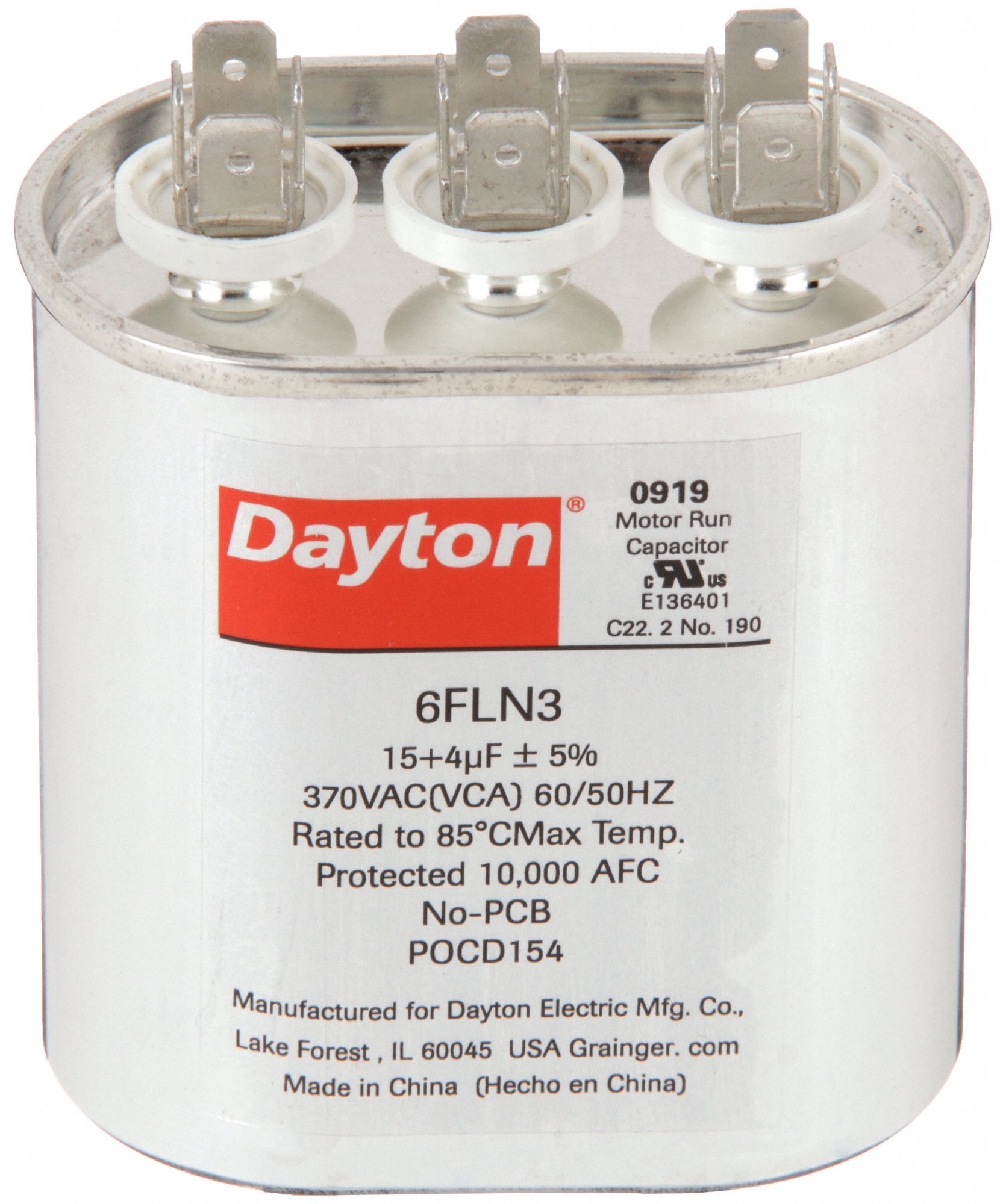 DAYTON, Oval, 370V AC, Motor Dual Run Capacitor - 6FLN3|6FLN3 - Grainger