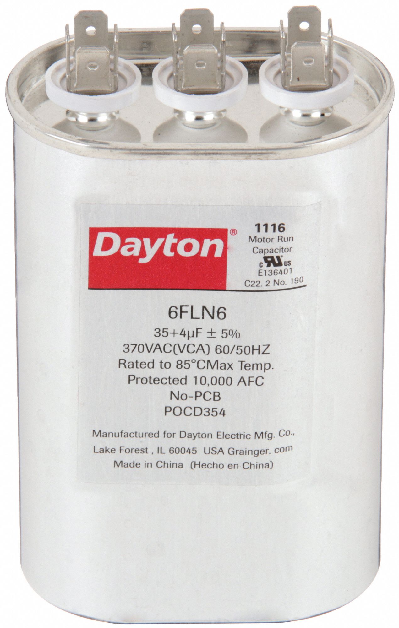 DAYTON, Oval, 370V AC, Motor Dual Run Capacitor - 6FLN6|6FLN6 - Grainger