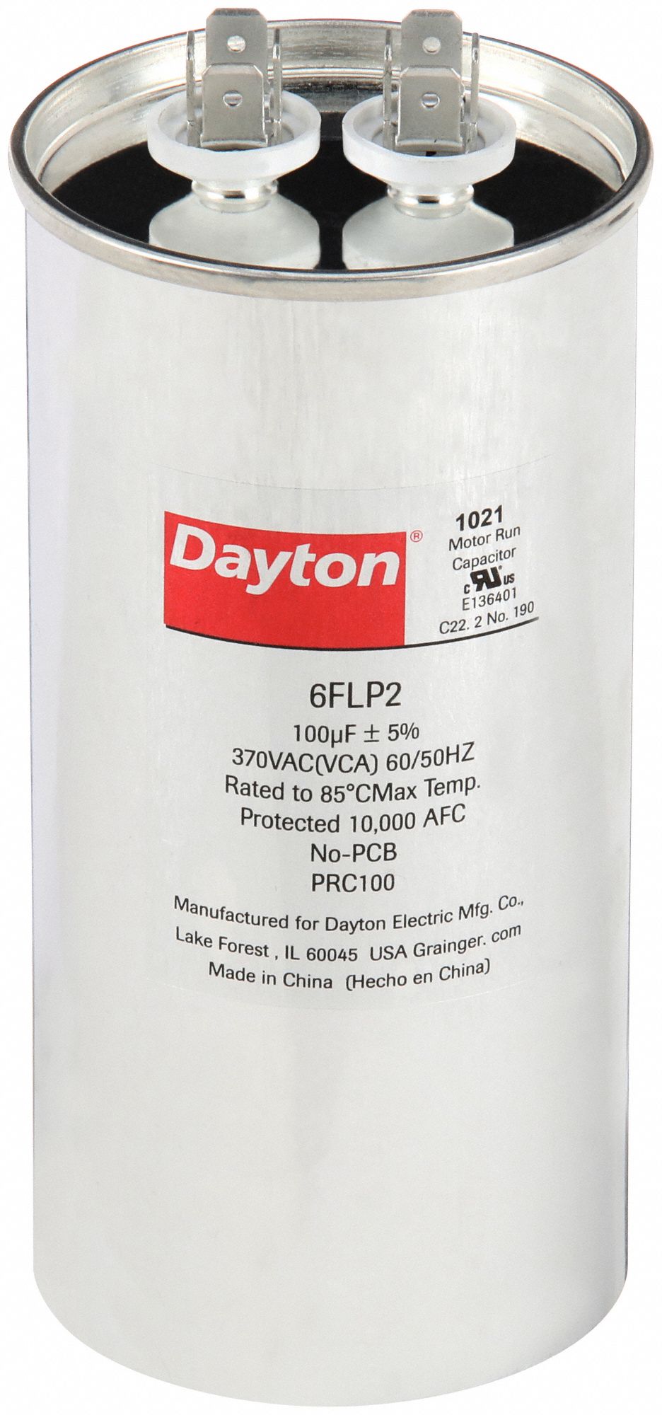 DAYTON, Round, 370V AC, Motor Run Capacitor - 6FLP2|6FLP2 - Grainger