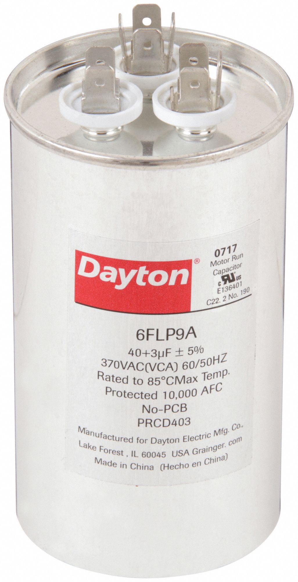 DAYTON, Round, 370V AC, Motor Dual Run Capacitor - 6FLP9|6FLP9 - Grainger