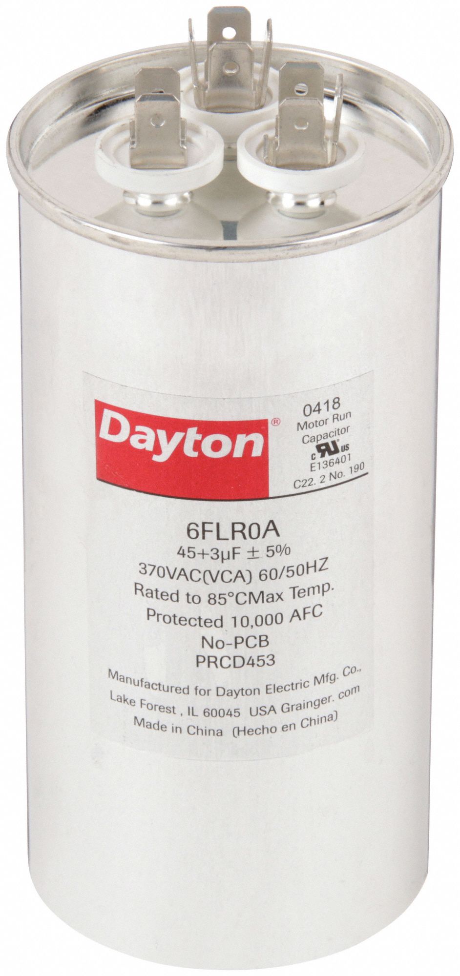 DAYTON, Round, 370V AC, Motor Dual Run Capacitor - 6FLR0|6FLR0 - Grainger