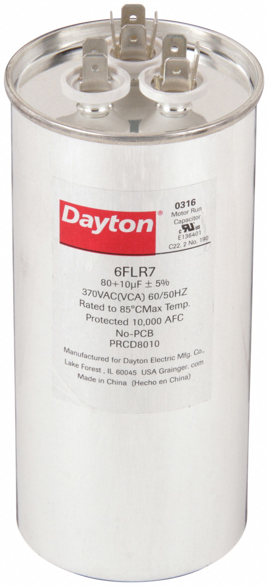 DAYTON, Round, 370V AC, Motor Dual Run Capacitor - 6FLR7|6FLR7 - Grainger