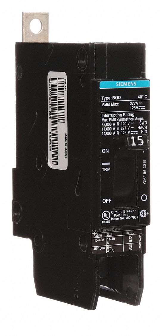 SIEMENS Miniature Circuit Breaker: 15 A Amps, 277V AC, Single Phase, 14kA at 277V AC - 6FMT3 ...