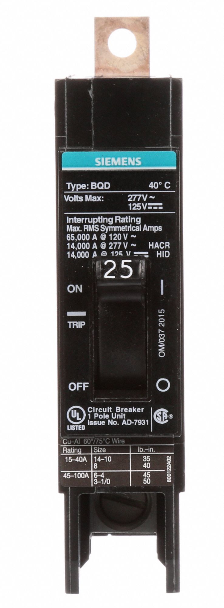 SIEMENS Miniature Circuit Breaker: 25 A Amps, 277V AC, Single Phase, 14kA at 277V AC - 6FMT5 ...