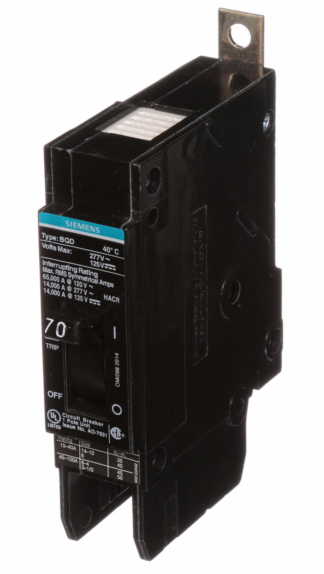 SIEMENS Miniature Circuit Breaker: 70 A Amps, 277V AC, Single Phase, 14kA at 277V AC - 6FMU2 ...