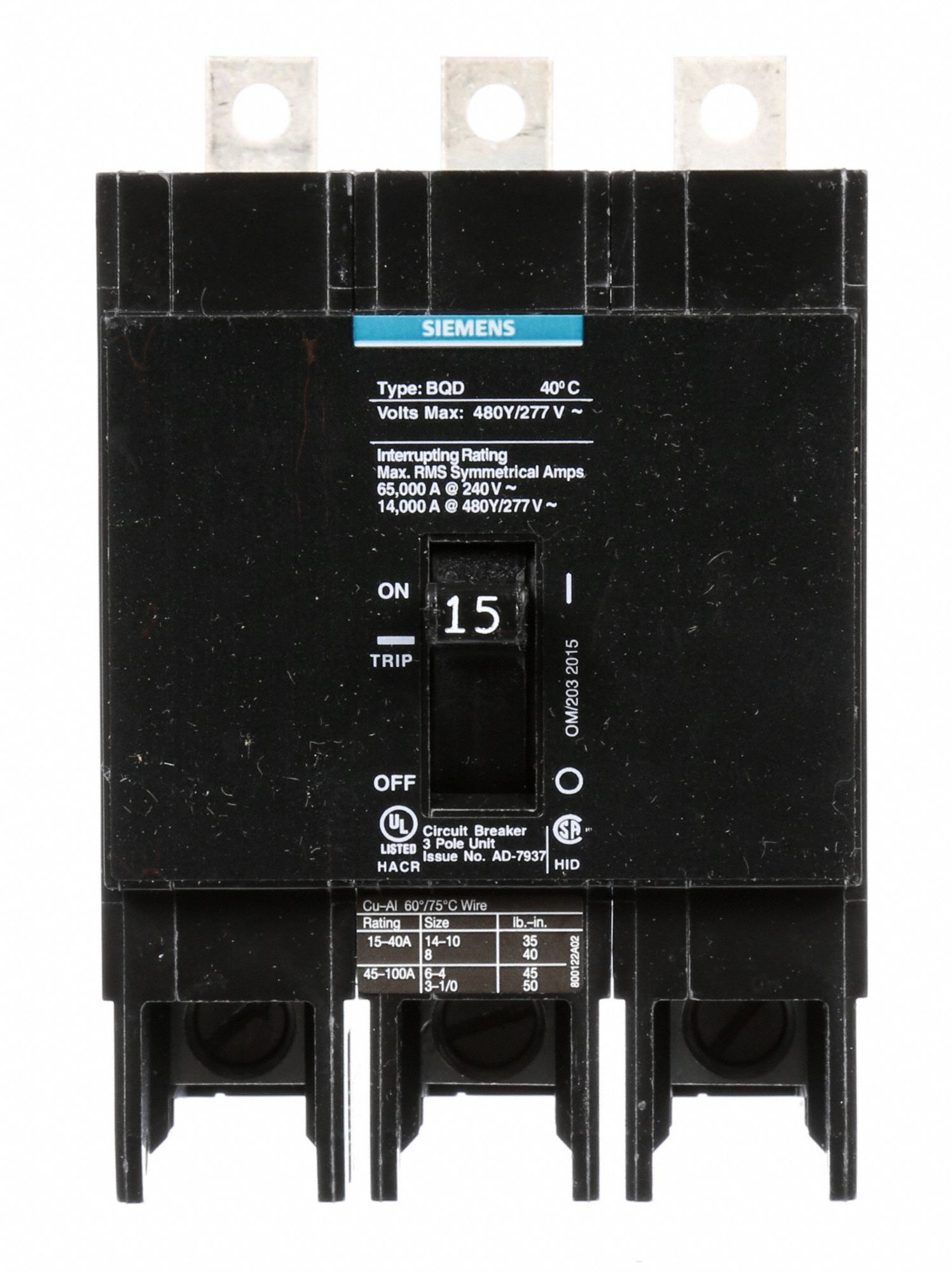 SIEMENS Miniature Circuit Breaker: 15 A Amps, 480V AC, Three Phase ...